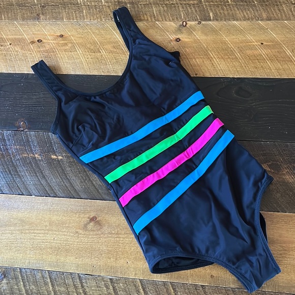 Le Cove | Swim | Vintage Black Bathing Suit Wfluorescent Stripes | Poshmark